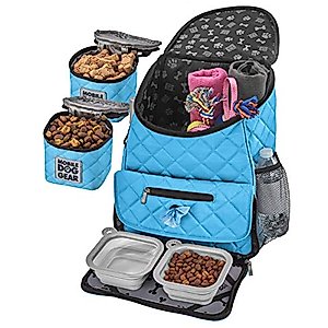 Mobile Dog Gear, Dog Travel Bag, Deluxe Quilted Weekender Backpack, Includes Lined Food Carriers and 2 Collapsible Dog Bowl, Light Blue