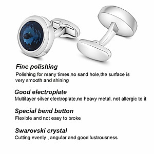MERIT OCEAN Mens Cufflinks Elegant Style Cuff Link Super Shiny Swarovski Navy Blue Crystal Circular Cufflinks with Gift Box
