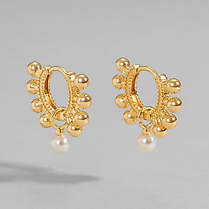 DREMMY STUDIOS Dainty Pearl Ball Huggie Hoop Earrings 14K Gold Filled Simple Cute Tiny Pearl Ball Dangle Hoop Earrings Women Minimalist Personalized Jewelry