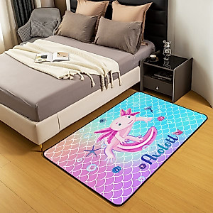 Axolotl Area Rug 5x7 for Bedroom Living Room, Kawaii Rainbow Axolotl Washable Rug, Gradient Fish Scales Carpet Runner Non Slip, Girls Ocean Life Starfish Decorative Accent Rug, Non Shedding
