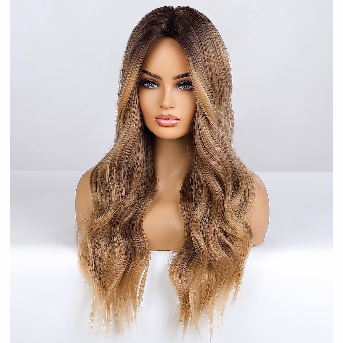 EALGA Warm Medium Brown Wigs, Long Natural Loose Curls Hair Wigs for Women, Full Synthetic Wig with Dark Roots, 22 inch EALGA-231