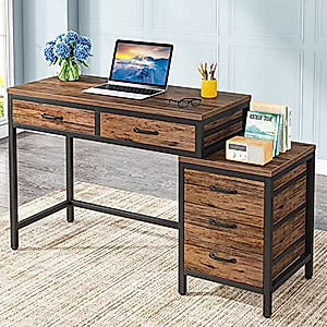 LITTLE TREE Home Office Computer Desk with Drawers, Rustic Brown