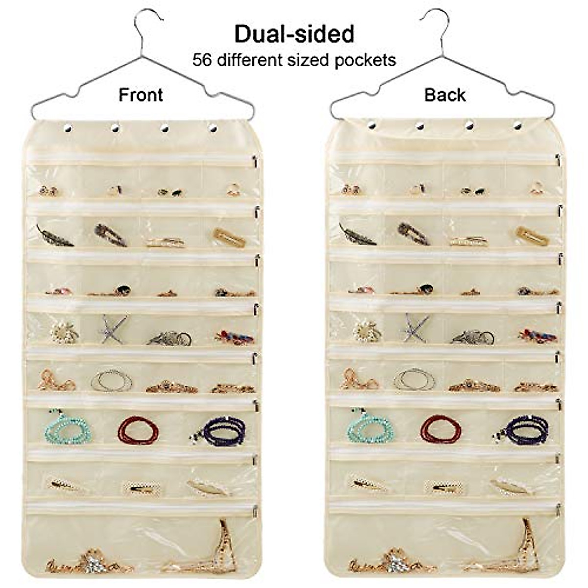 SPIKG 56 Pockets Dual Sided Jewelry Hanging Organizer Oxford Storage Bag with Zipper Hanger (Beige)