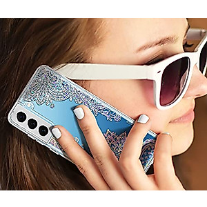 Coolwee Clear Glitter for Galaxy S22, 6.1 inch, Thin Flower Slim Cute Crystal Lace Bling Shiny for Women Girls Floral Plastic Hard Back Soft TPU Bumper Protective Cover for Samsung S22 Mandala Henna