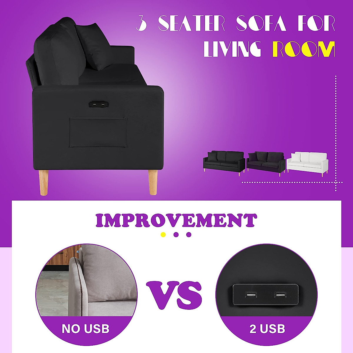 TYBOATLE Modern PU Leather Living Room Furniture 3 Pieces Sectional Sofa Couches Sets, Loveseat w/ 2 USB Charging Ports and Comfy Accent Arm Chairs for Small Space, Apartment, Office, Studio (Black)