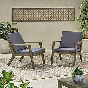 Christopher Knight Home Carlos Outdoor Acacia Wood Club Chairs with Cushions (Set of 2), Gray Finish, Dark Gray