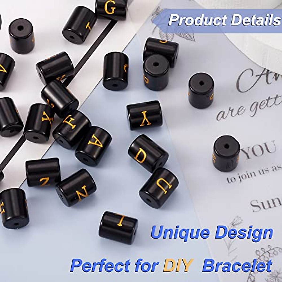 KISSITTY 26pcs/Box Letter Beads Glass Column Beads with Golden Letters A-Z Black Color Alphabet Loose Spacer Beads 11x14mm for DIY Jewelry Making Crafts with Hole 1.5mm