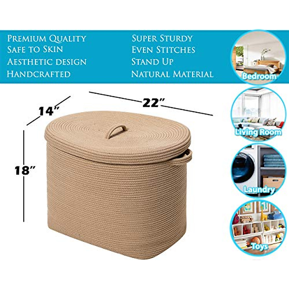 22"x14"x18" Rectangular Extra Large Storage Basket with Lid, Cotton Rope Storage Baskets, Laundry Hamper, Toy Bin, for Toys Blankets Storage in Living Room, Baby Nursery, All Beige