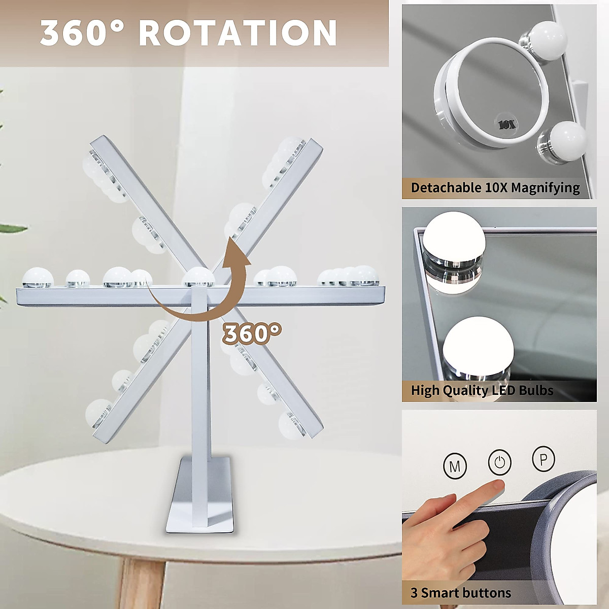 SLIMOON Hollywood Vanity Mirror with Lights, 12 Dimmable LED Bulbs Lighted Makeup Mirror with Detachable 10X Magnification Mirror, 1000mAh Rechargeable, 3 Color Lights, Touch Control