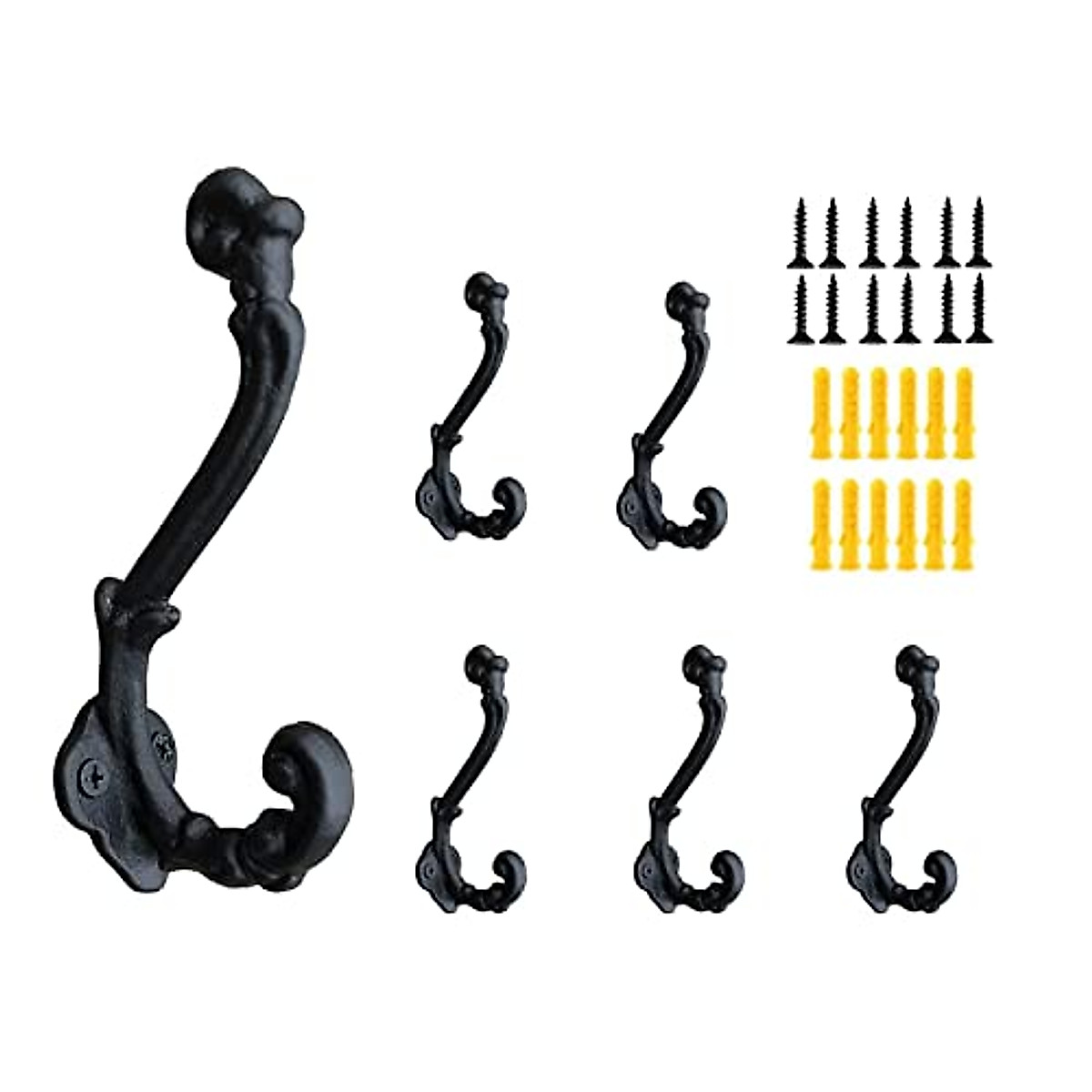 6 Pack Cast Iron Wall Hooks Antique Vintage Rustic Farmhouse Coat Hooks, Great for Coats, Bags, Towels, Hats, Mounting Screws Included
