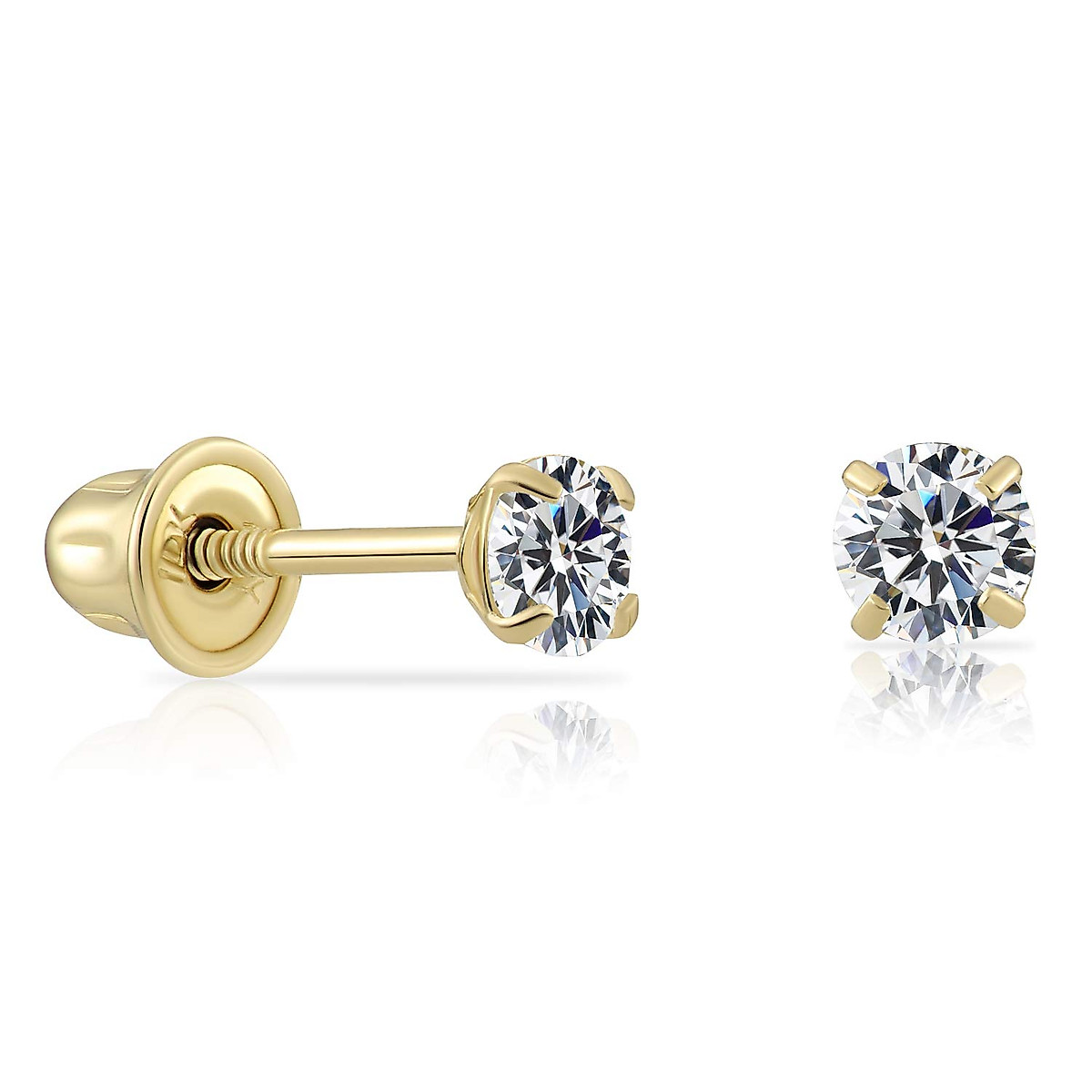 10k Yellow Gold Solitaire Round Cubic Zirconia Stud Earrings in Secure Screw-backs (3mm)………