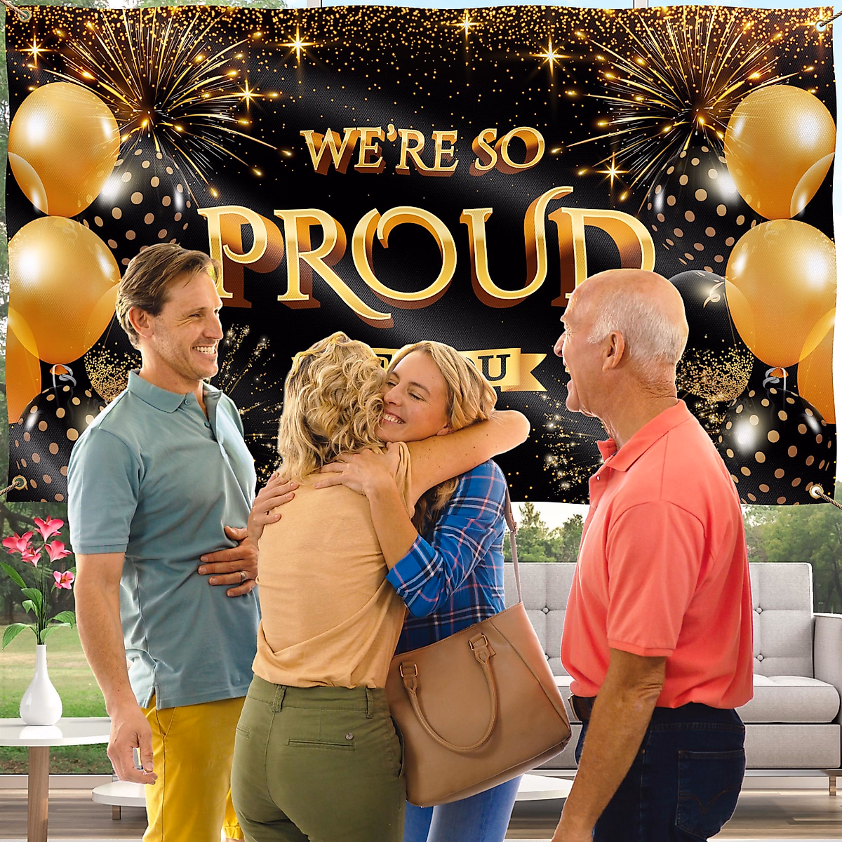 We are so Proud of You Banner - Congratulations Banner - Congratulations Decorations - Congrats Banner - Graduation Banner - Graduation Decorations for Prom - 5ft x 3ft (Black & Gold)