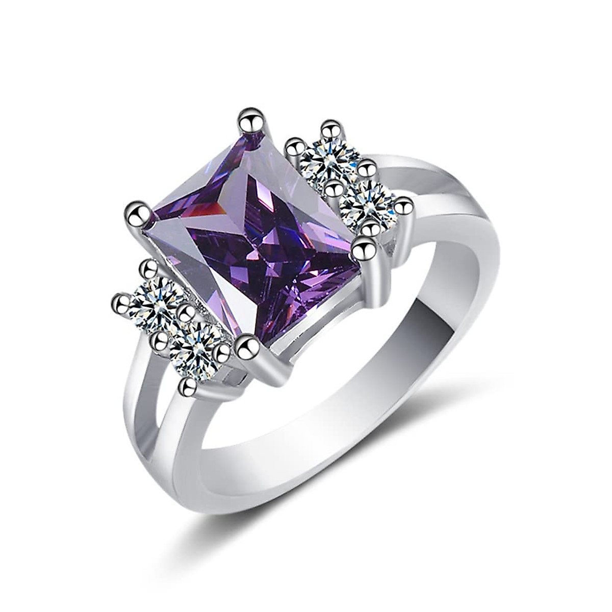 WDIYIEETN Emerald Cut Created Amethyst CZ Crystal Wedding Rings 925 Sterling Silver Solitaire Purple Diamond Engagement Rings (9)