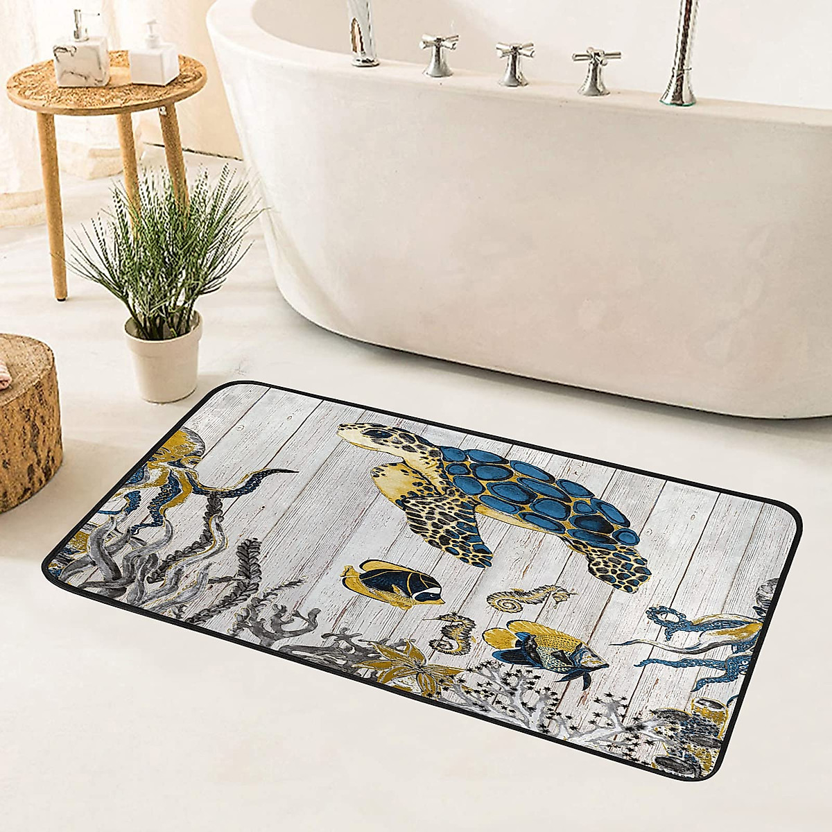 Sea Turtle Bathroom Area Rugs Fish Seahorses Octopus Coral on Wooden Bath Runner Floor Mat Washable Non-Slip Shower Carpet for Kitchen Living Room 39x20 inch