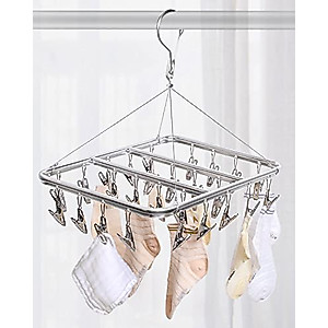 Gorffy Clothes Drying Rack with 26 Clips, Aluminum Sock Hanger Laundry Rack, Clothing Drying Rack with Windproof Hook, Sock Drying Rack Indoor & Outdoor, Underwear Hanger for Baby Clothes, Bras