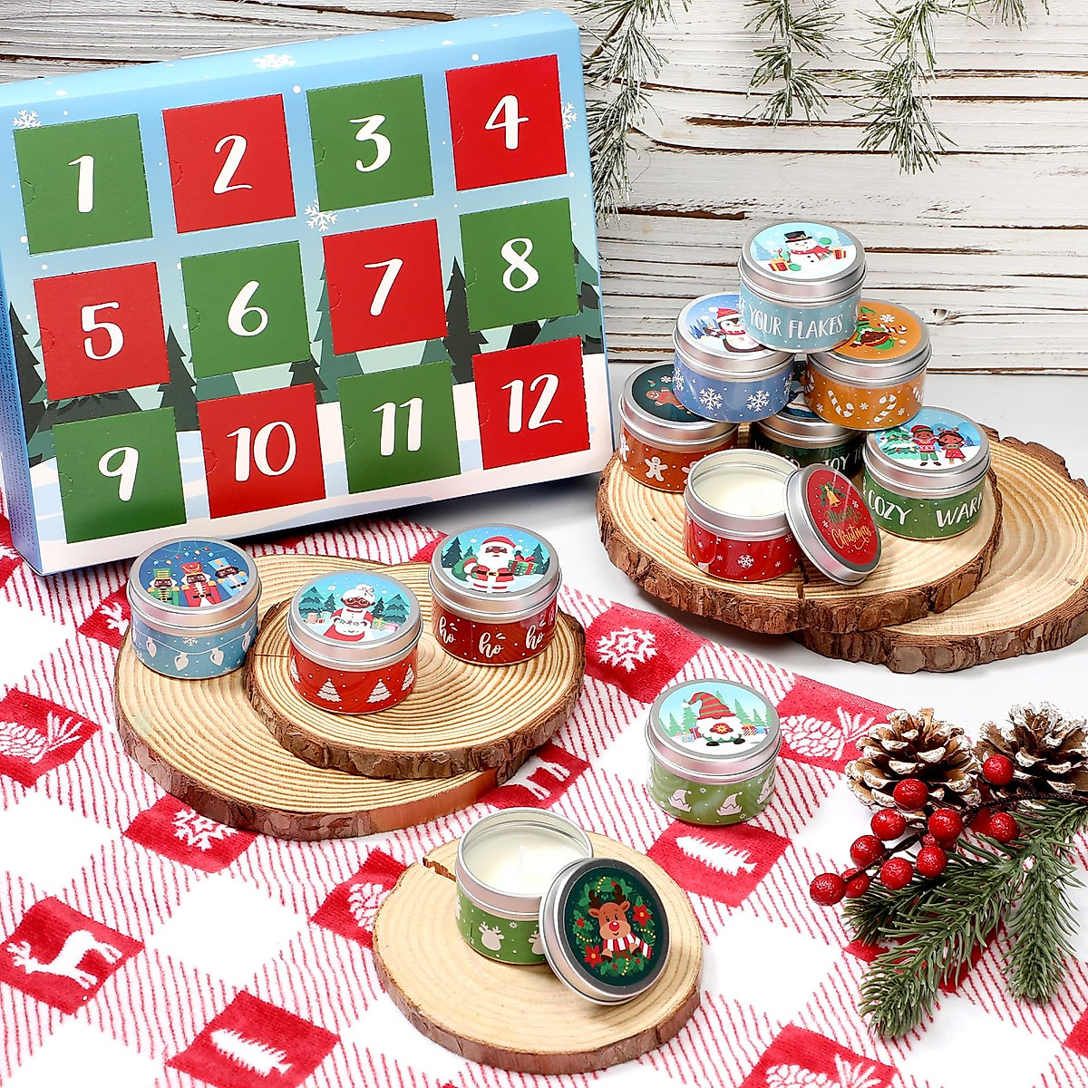 Tuitessine 12 Days Christmas Advent Calendar 2024 Scented Candles African American Christmas Decorations Soy Wax Jar Candles 12 PCS Christmas Countdown Calendar Black Santa Claus Gifts