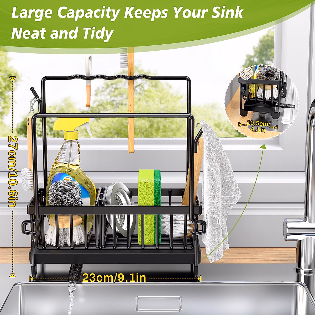 PKBD Kitchen Sink Caddy, Rustproof 304 Stainless Steel Sponge Holder for Kitchen Sink with Removable Drain Tray, Towel Holder and Brush Drainer Rack, Kitchen Organiser for Sink Tidy, Black