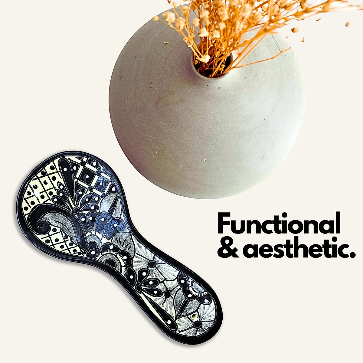 Ceramic Spoon Rest - Hand Painted Talavera - Mexican Style - Black and White Home Decor - Cuchara Floral Blanco/Negro