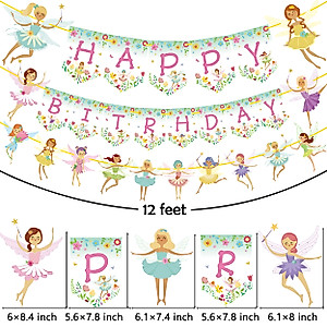 22Pcs Flower Fairy Birthday Decorations Garden Fairy Hanging Swirls Happy Birthday Banner Magical Fairy Cake Topper for Girls Birthday Party Baby Shower Decor