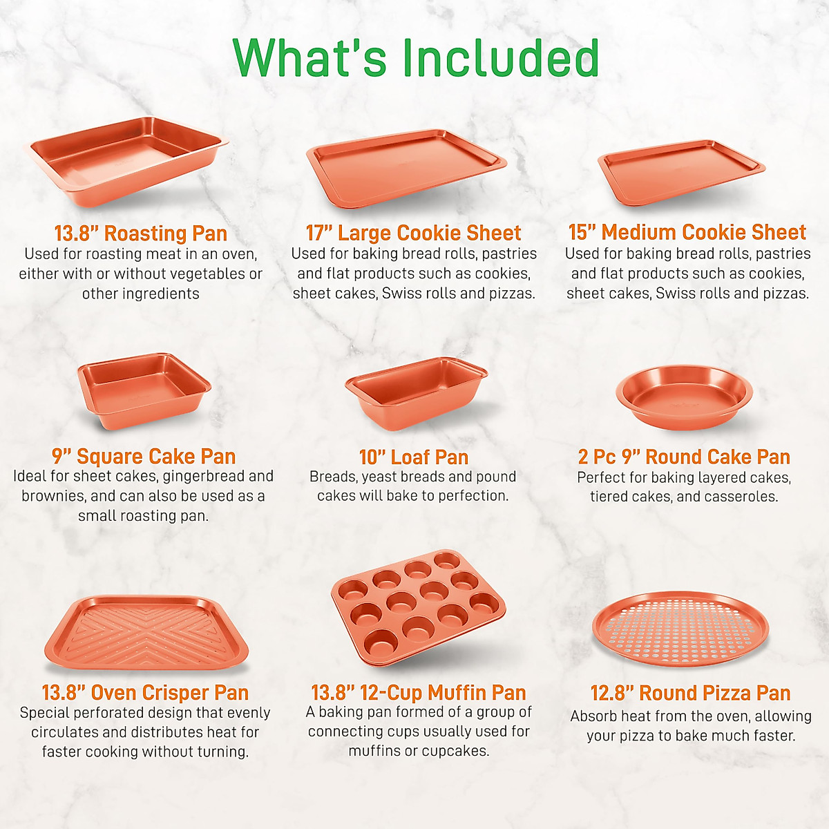 NutriChef 10-Piece Nonstick Oven Baking Pan Set - Premium Carbon Steel Bakeware w/Cookie Sheets, Loaf & Cupcake Pans, Perforated Crisper Pans, Round & Square Roasting Pans, Easy to Clean - Copper