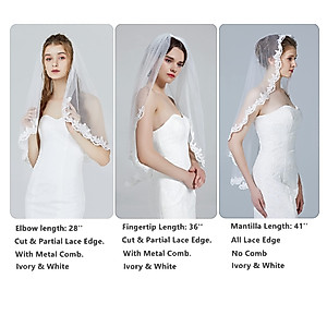 BEAUTELICATE Wedding Bridal Veil with Comb 1 Tier Lace Applique Edge Fingertip Length 36" Ivory