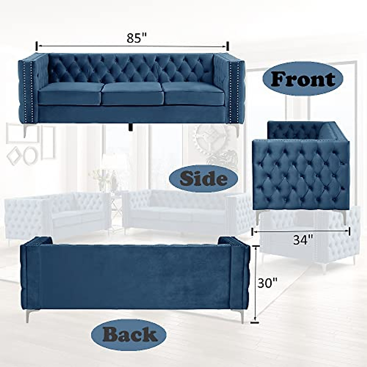 Morden Fort Sofas for Living Room, 85" Blue Chesterfield Sofa with Button Tufted & Nailhead Trim, Classic Velvet Upholstered Sofa for Office, Apartment, Home
