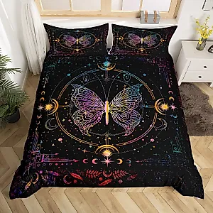 jejeloiu Butterfly Bedding Set Twin Size Kids Sun Moon Comforter Cover Set for Boys Girls Teens Bohemian Duvet Cover Bedspread Cover Room Decorations Quilt Cover(No Comforter)