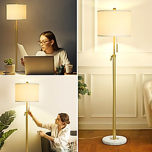 Modern Floor Lamp for Living Room, Adjustable Height Standing Lamp with Marble Base, 3-Way Dimmable Gold Tall Pole Light with White Linen Shade for Reading Bedroom, Pull Chain Switch, Bulb Included