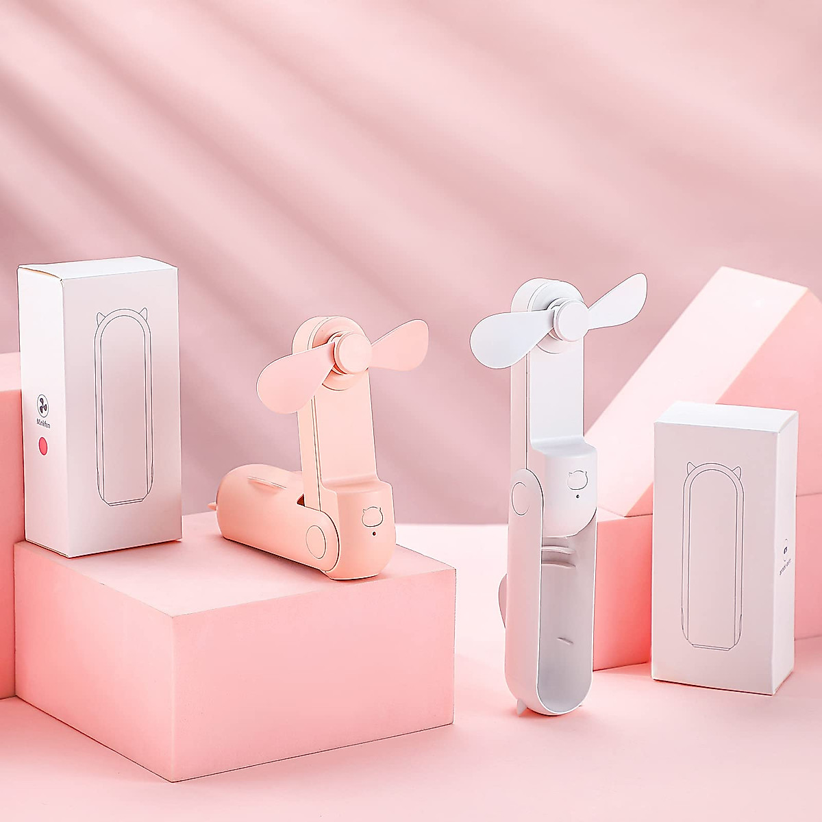 2 Pieces Portable Handheld Fan Mini Fan Portable USB Rechargeable Fan Small Pocket Fan Travel Feature Battery Operated 14-21 Working Hours for Women, Travel, Outdoor (White, Pink)