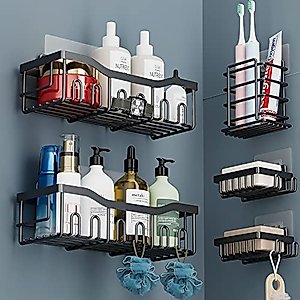 HYPEXA Shower Caddy 5 Packs, Shower Shelves, Adhesive Shower Organizer No Drilling, Large Capacity Wall Mounted Shower Storage, Stainless Steel Bathroom & Kitchen Wall Organization, Black