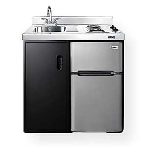Summit Appliance CK36EL Wide All-In-One Kitchenette; 3.2 cu.ft; Cycle Defrost; Includes a 2-door Refrigerator-freezer; 2-burner Coil Cooktop; Sink and Large Storage Cabinet