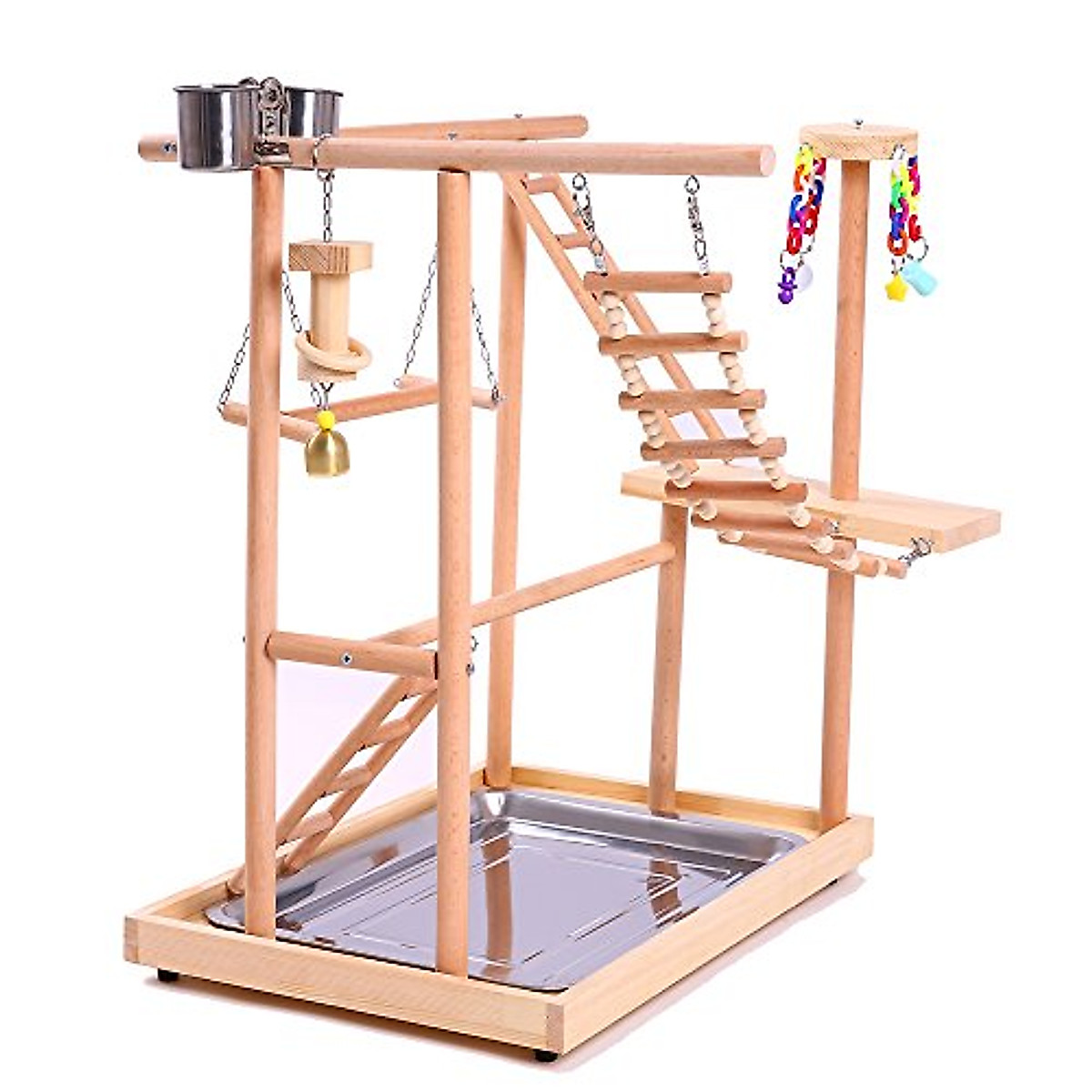QBLEEV Wood Parrot Playground Perches with Swing,Birds Chewing Climbing Ladder Toys, Bird Training Play Stands Feer Cups for Parakeets Conures Cockatiel Lovebirds (18.7" L *12.8" W *20.87" H)