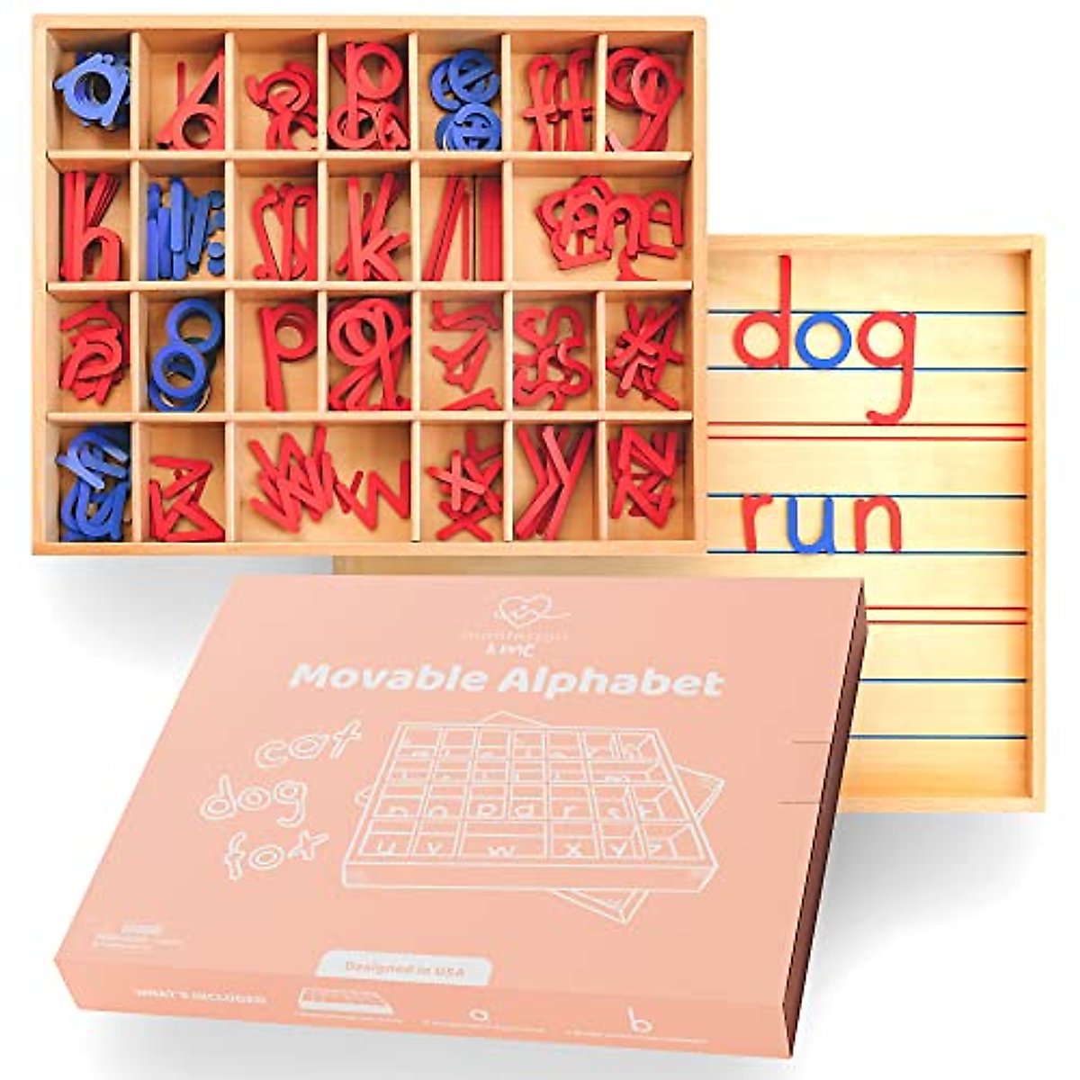 Movable Alphabet Montessori Wooden Letters- Moveable Alphabet with Box Letter Mats - Lower Case Letters - Writing, Reading, Spelling, and Language Learning Materials (Red and Blue)