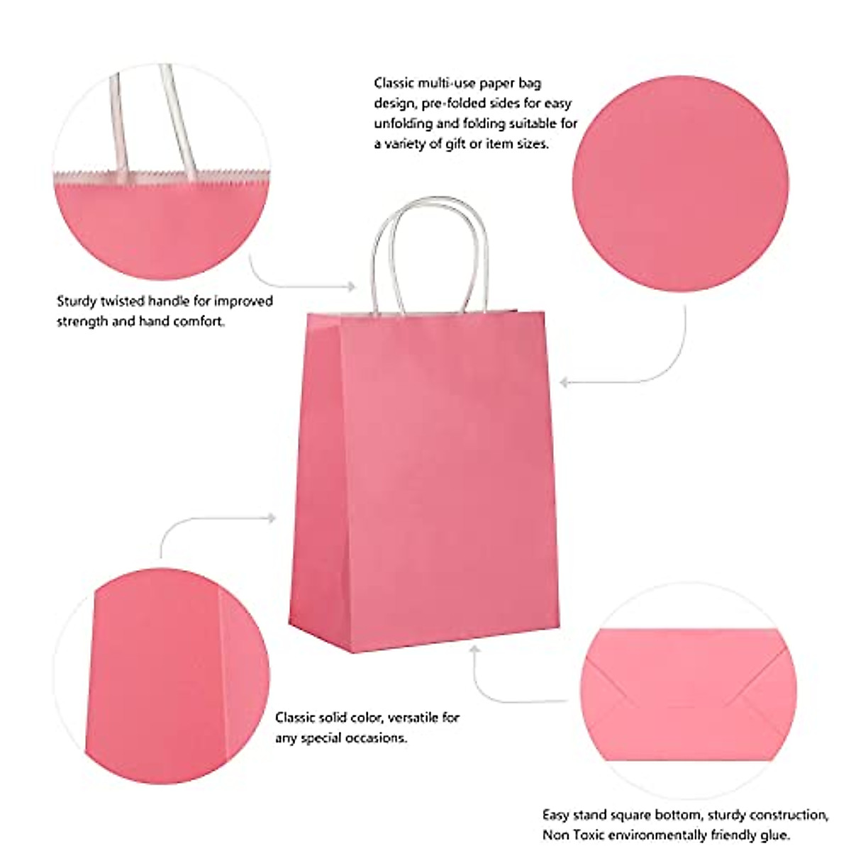 Nexmint Pink Kraft Paper Gift Bags with Handle: 24 Pack L-8" xT-10.5" xW-4.25". Great bags for Gifts, Shopping, Party Favors, Treats, Goodies, Business Tchotchkes, Retail, Bakery and More