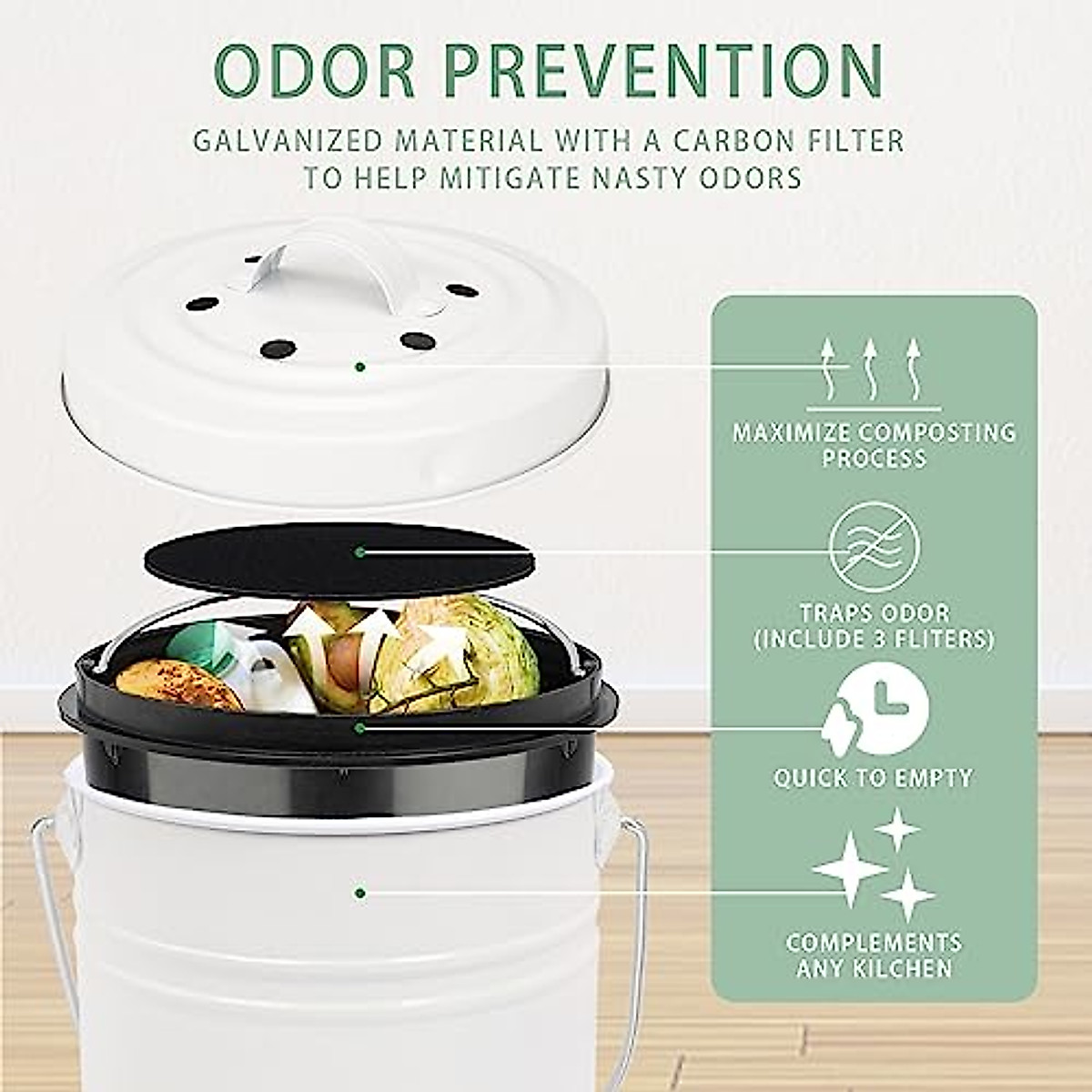 Vipush Compost Bin Kitchen Countertop Compost Bin with lid – Small Compost Bin Includes Inner Compost Bucket Liner & 3 Charcoal Filters, White