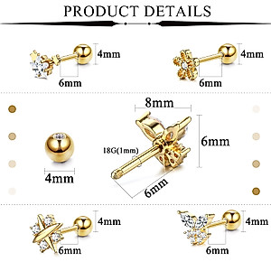 JOERICA 10Pcs Cartilage Earrings for Women 18G CZ Helix Tragus Piercing Jewelry 316L Stainless Steel Cute Butterfly Cartilage Stud Earrings Set