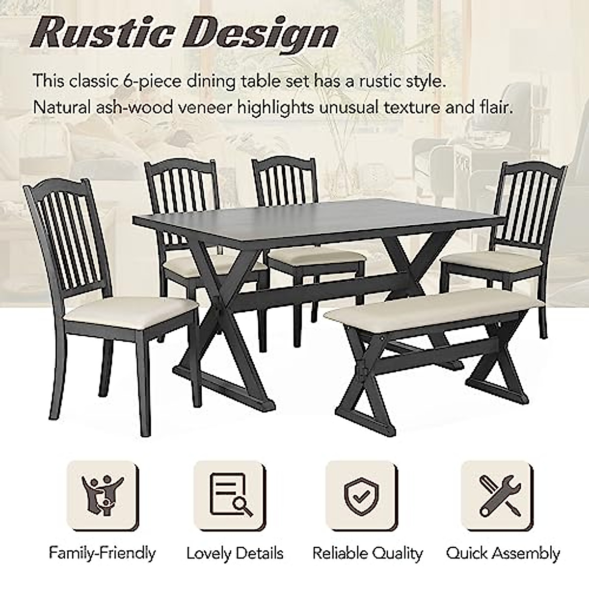 HAUSHECK Rectangular Table with X-Frame Legs, Upholstered Bench & Chair with Hollowed Backrests, Padded Cushion, Modern Rustic Style Home Furniture, Kitchen & Dining Room Sets for 6, Gray