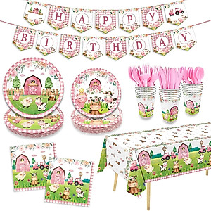 171Pcs Farm Animals Party Supplies Tableware Set Cute Pink Animal Baby Shower Includes Plate Napkins Cups Farm Tablecloth Banner for Farm Birthday Party Barn Animal Theme Party