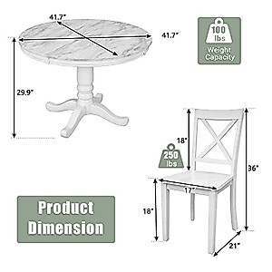 RUNWON 5-Piece Set Marble Top Round Dining Table and X Back Wood 4 Chairs for Kitchen Family, White
