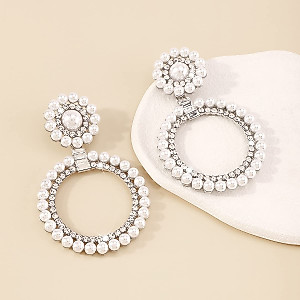 Jumwrit Pearl Hoop Earrings Big Circle Dangle Drop Earrings Rhinestone Round Stud Earrings Statement Pearl Earrings for Women Girls（Silver）