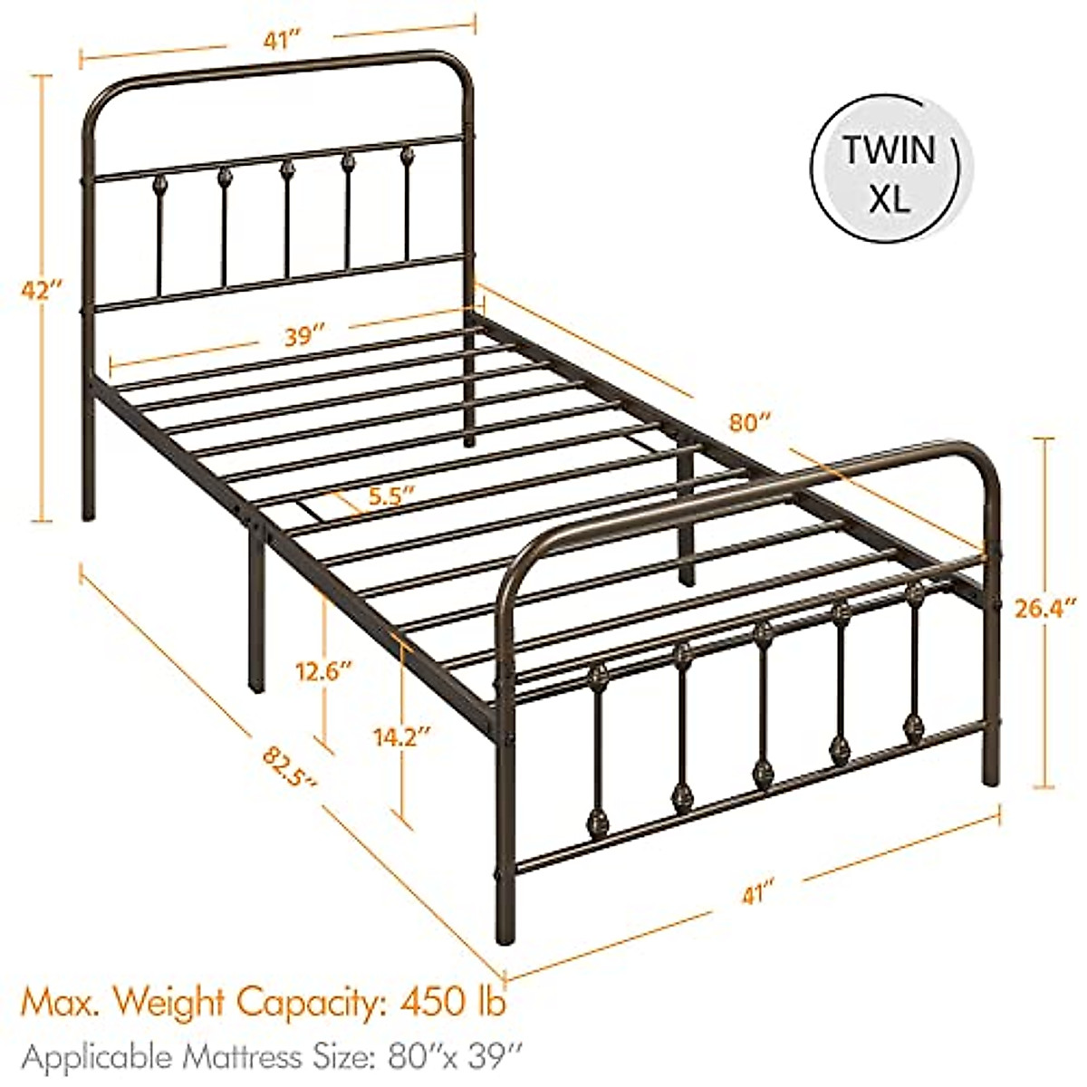 Topeakmart Twin XL Size Victorian Style Metal Bed Frame with Headboard/Mattress Foundation/No Box Spring Needed/Under Bed Storage/Strong Slat Support Bronze