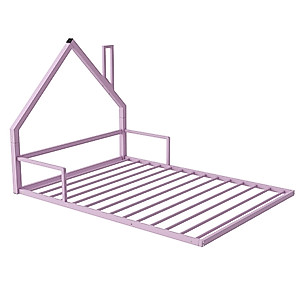 Kamsly FAVSH Full Size Metal Floor Bed with Chimney House-Shaped Headboard,Solid Wood Structure Bedroom Bed Frame W/Handrail,Easy Assembly,for Kids,Boys,Girls,Pink