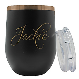 Personalized 12 oz Insulated Stemless Wine Tumbler - Custom Engraved and Monogrammed (Black with Gold)