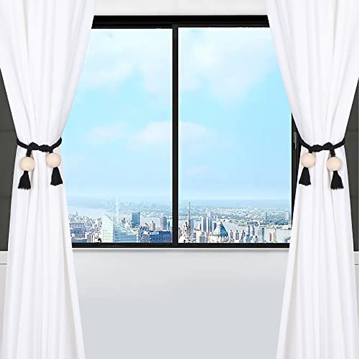 OCIOLI 2 Pack Strong Magnetic Curtain Tiebacks Black Curtain Holdbacks Outdoor Curtain Tiebacks Cotton Hand Woven Tie Backs Curtain Drapery Holdbacks Curtain Ties for Drapes (Black - Ball, 2)