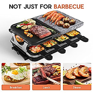 Voohek Korean BBQ Grill Raclette Table Grill Hibachi Electric Indoor Grill 2 in 1 Non-stick Grilling Plate and Natural Cooking Stone Adjustable Temperature 8 Raclette Pans 8 Wooden Spatulas 1300W