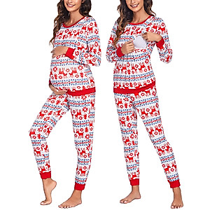 Ekouaer Christmas Pregnancy Pajamas Red Elk Pjs Long Sleeve Nursing Sleepwear for Hospital Christmas Stripe L