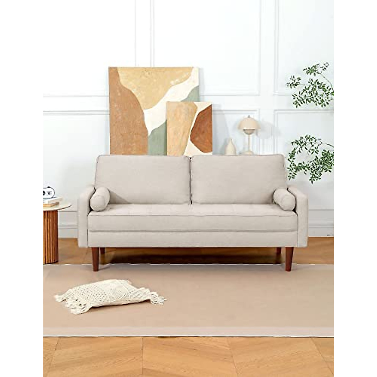 Koorlian Small Sofa Couch, 2 Seater Fabric Loveseat, Mid Century Modern Couches for Living Room, Button Tufted Seat Cushion, Square Armrest, 2 Throw Pillows, Fit for Small Spaces, Dorm, Apart, Beige