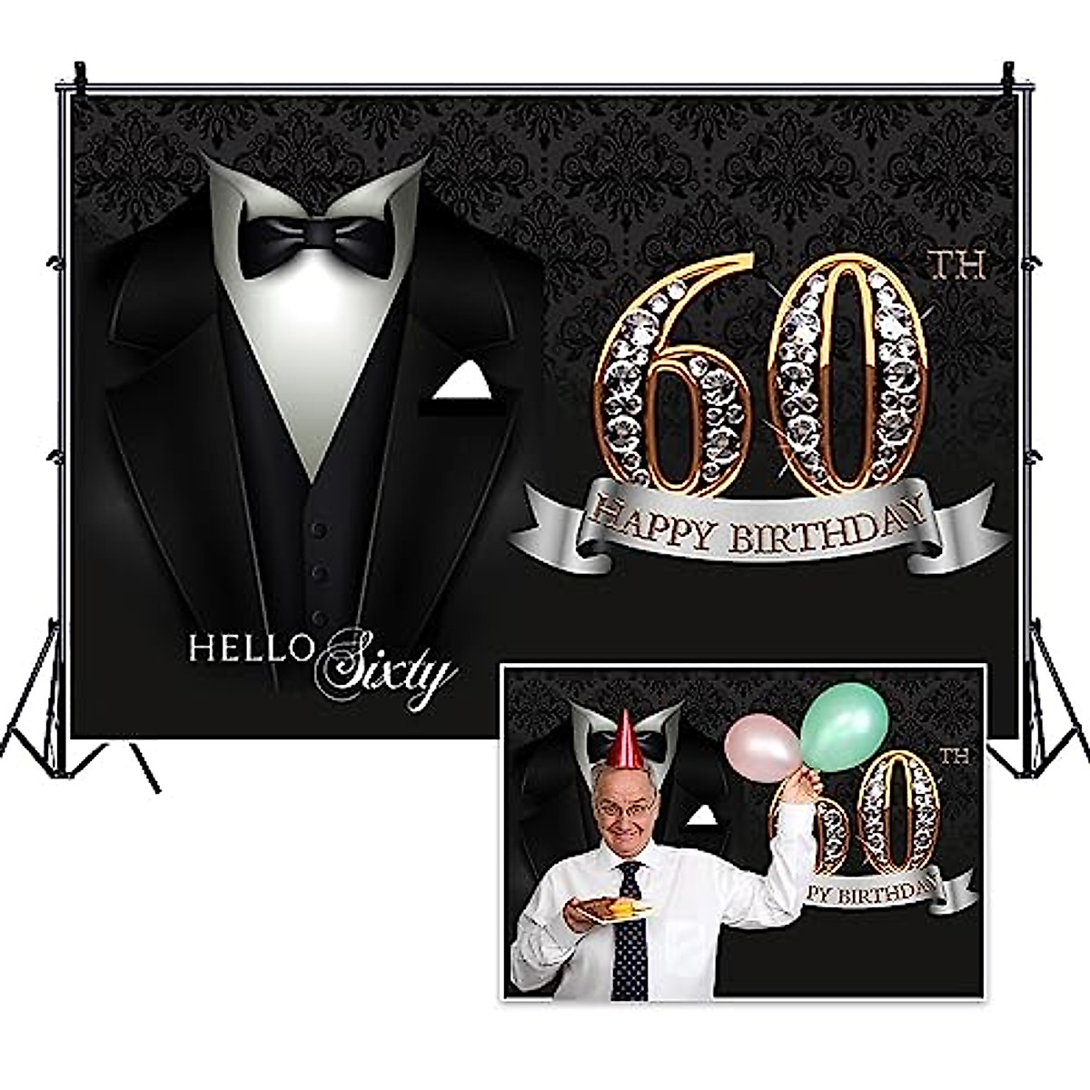 DORCEV 5x3ft Men 60th Birthday Party Backdrop Black Gold Diamonds Bow Tie White Shirt Suit Tuxedo Backdrop for Birthday Party Hello Sixty Happy 60th Birthday Dinner Party Background Banner Props