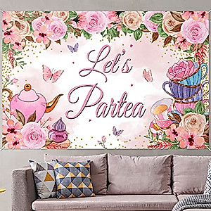 Let's Partea Backdrop Banner Decor Pink - Floral Tea Theme Happy Birthday Party Decorations for Women Girls Supplies