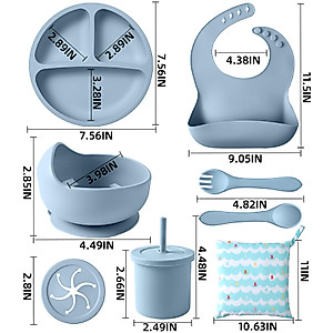 ECLIP Silicone Baby Feeding Set, 10 Pcs Baby Led Weaning Supplies with Suction Bowl Divided Plate Adjustable Bib Soft Spoon Fork Snack Cup with Lid Drinking Cup, Utensil (Blue)